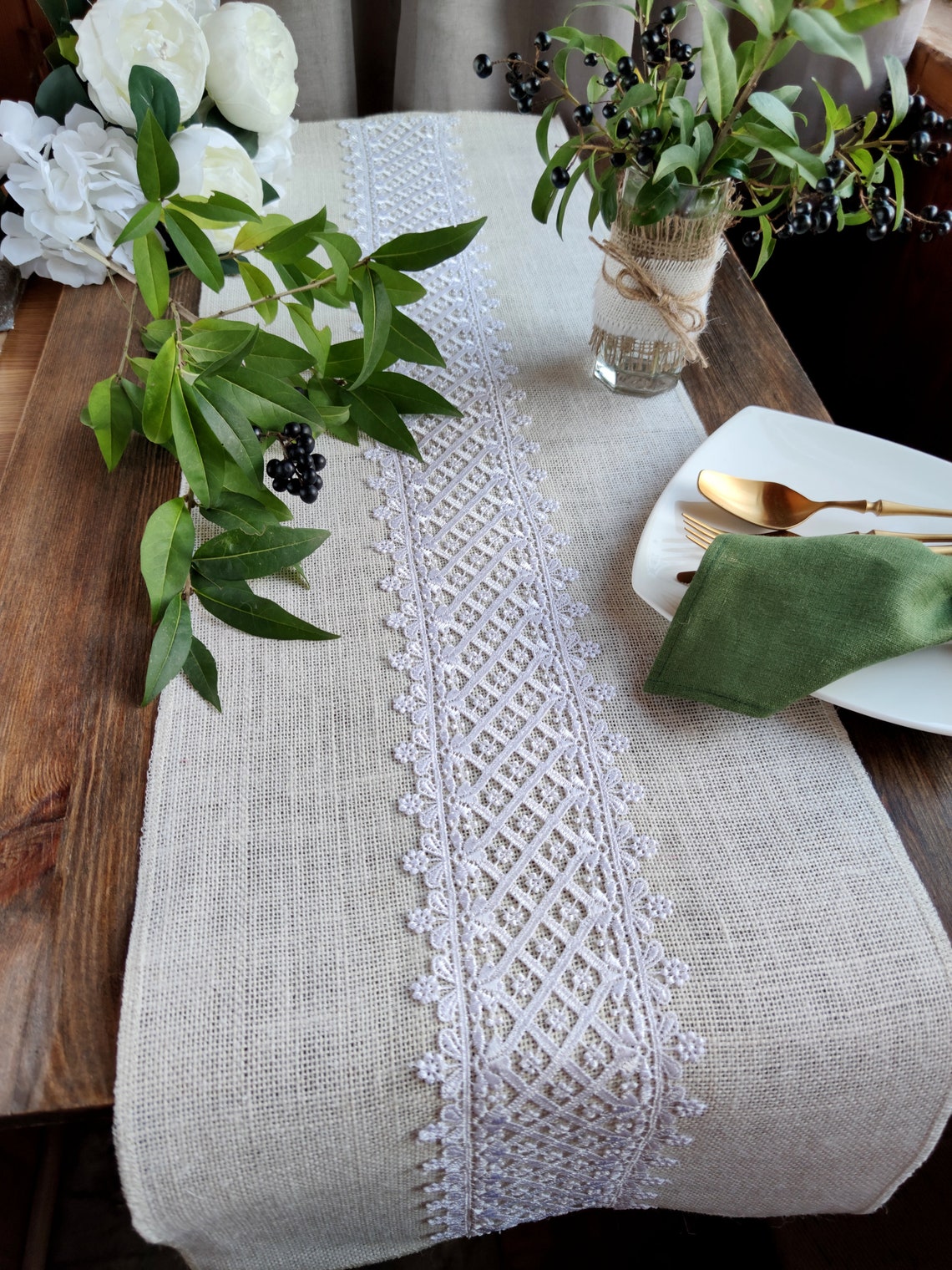Ivory Burlap Table Runner With White Lace Burlap Runner for | Etsy