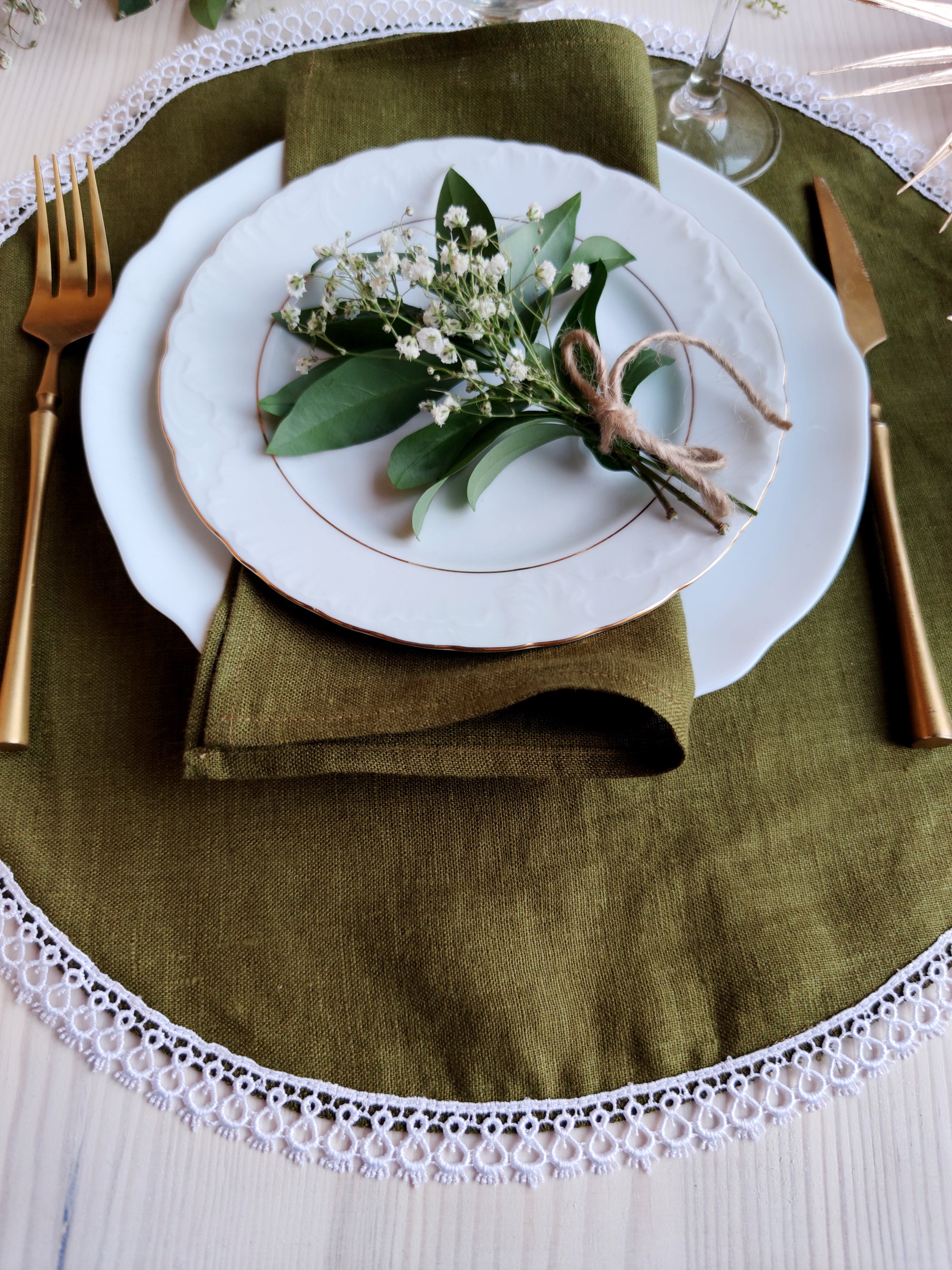 Placemats round table for the wedding Olive green linen | Etsy