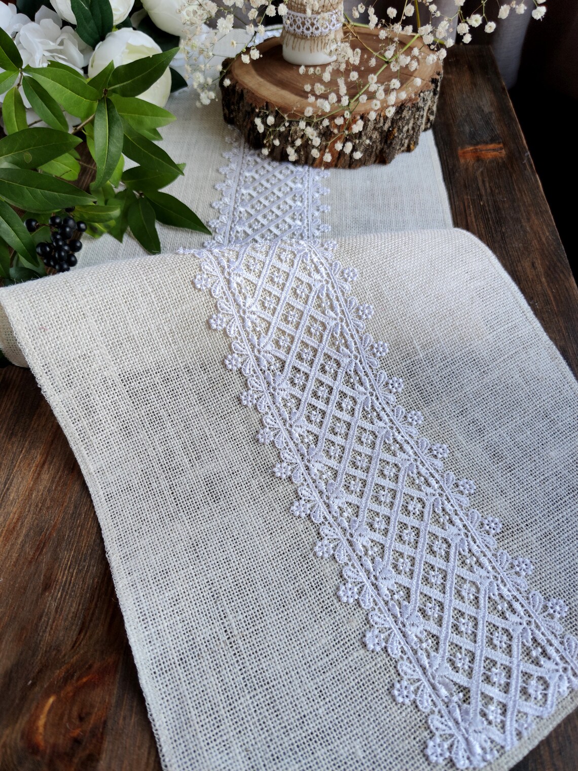 Ivory Burlap Table Runner With White Lace, Burlap Runner for Tabletop ...