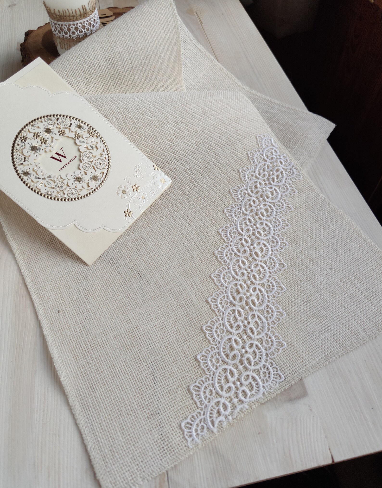 Wedding Table Runner, Ivory Burlap Table Runner With White Lace ...