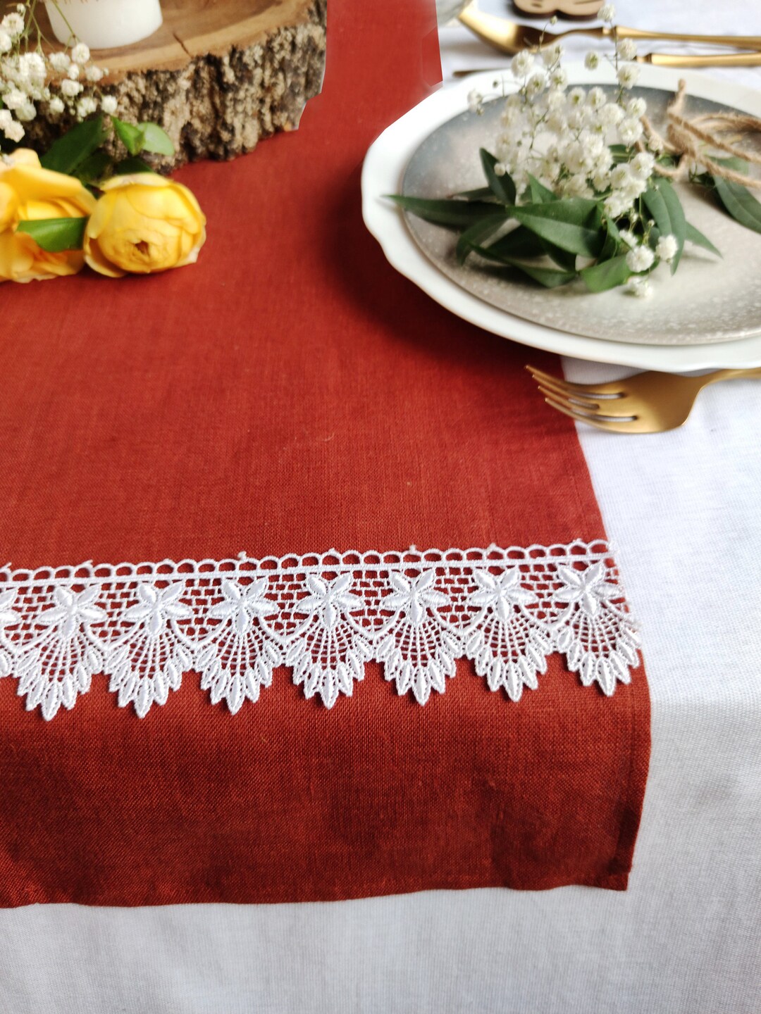 Burnt Orange Linen Table Runner With White Lace, Linen Table Decor ...