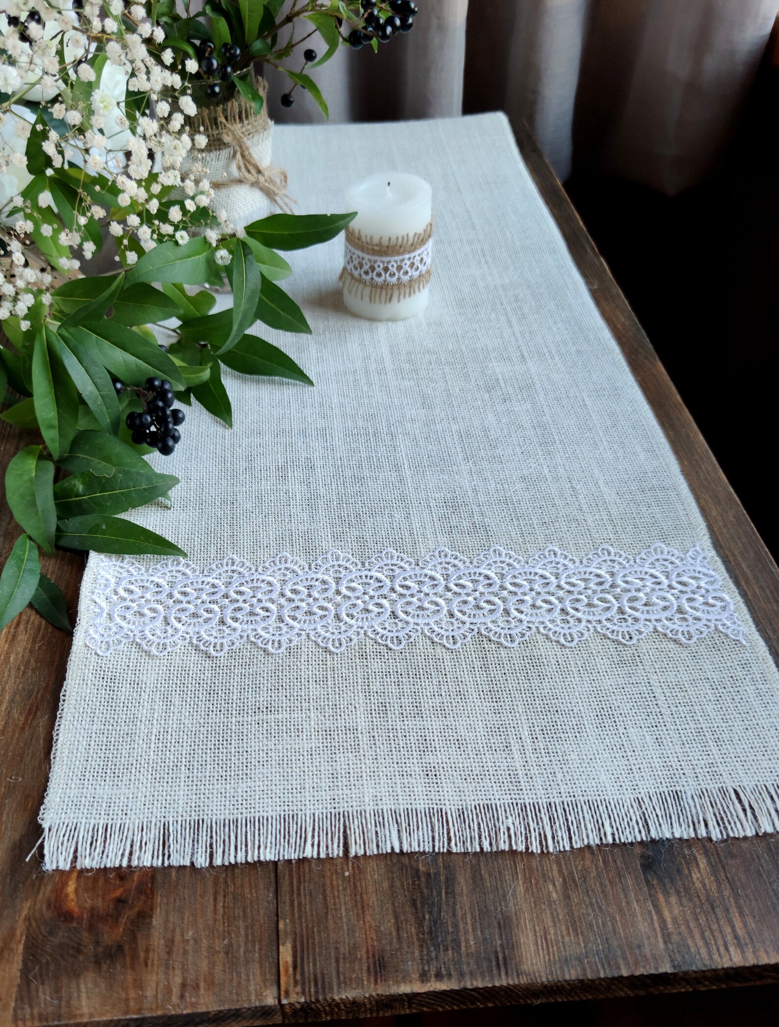 Ivory Burlap Table Runner With White Lace Wedding Table - Etsy