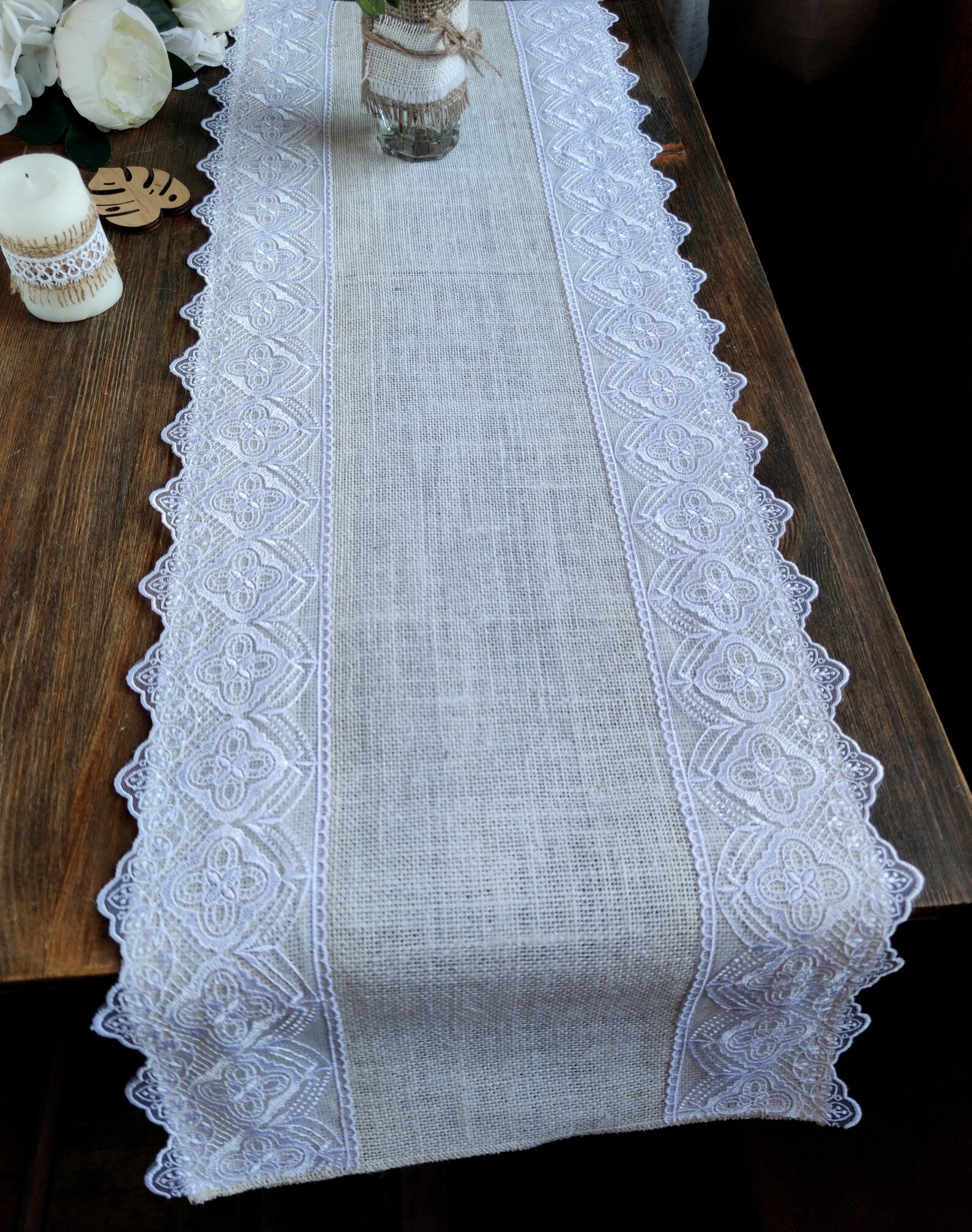 Wedding Table Runner, Ivory Burlap Table Runner With White Lace, Jute ...