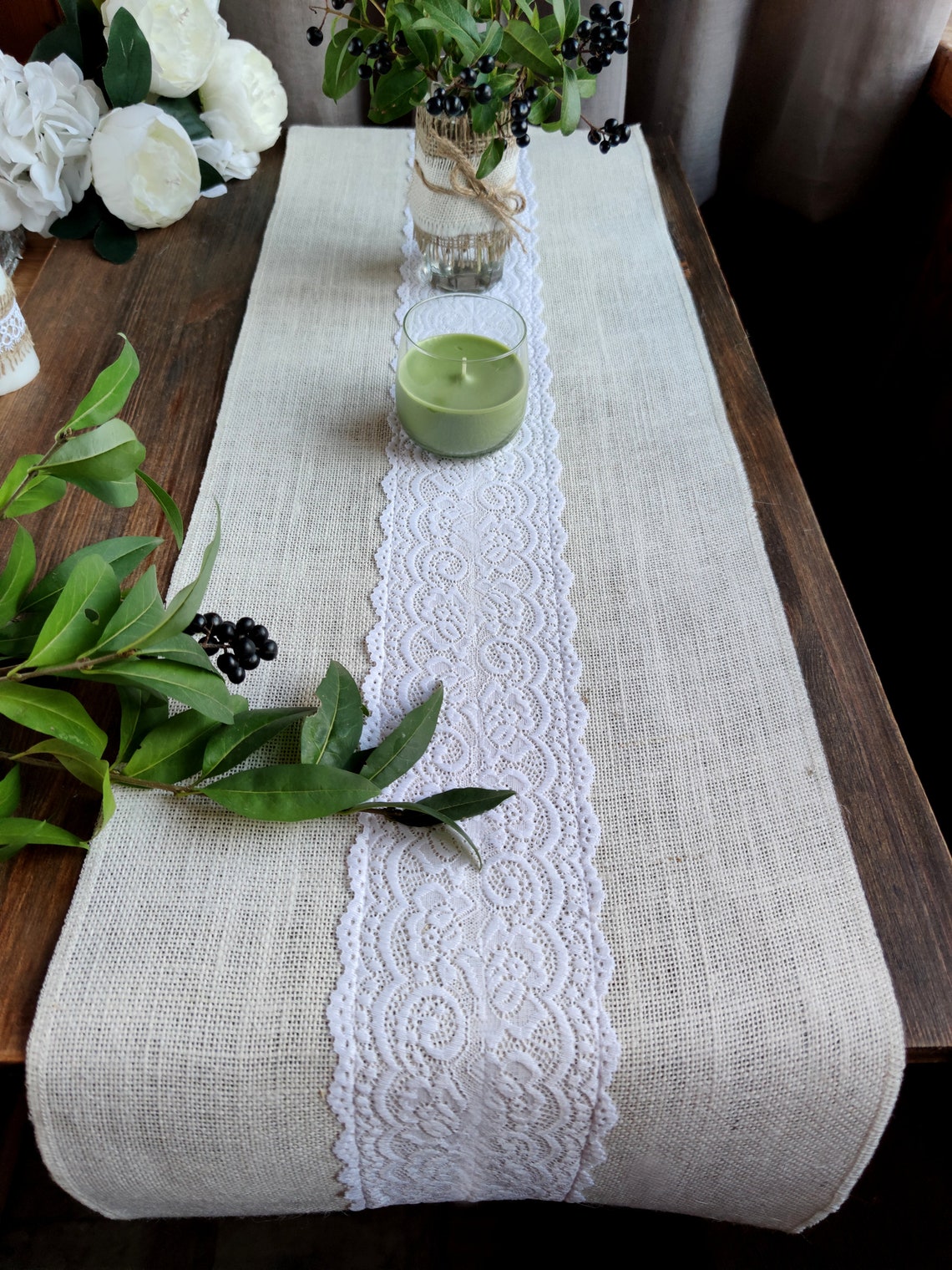 Burlap Table Runner Farmhouse, Ivory Burlap Table Runner With White ...