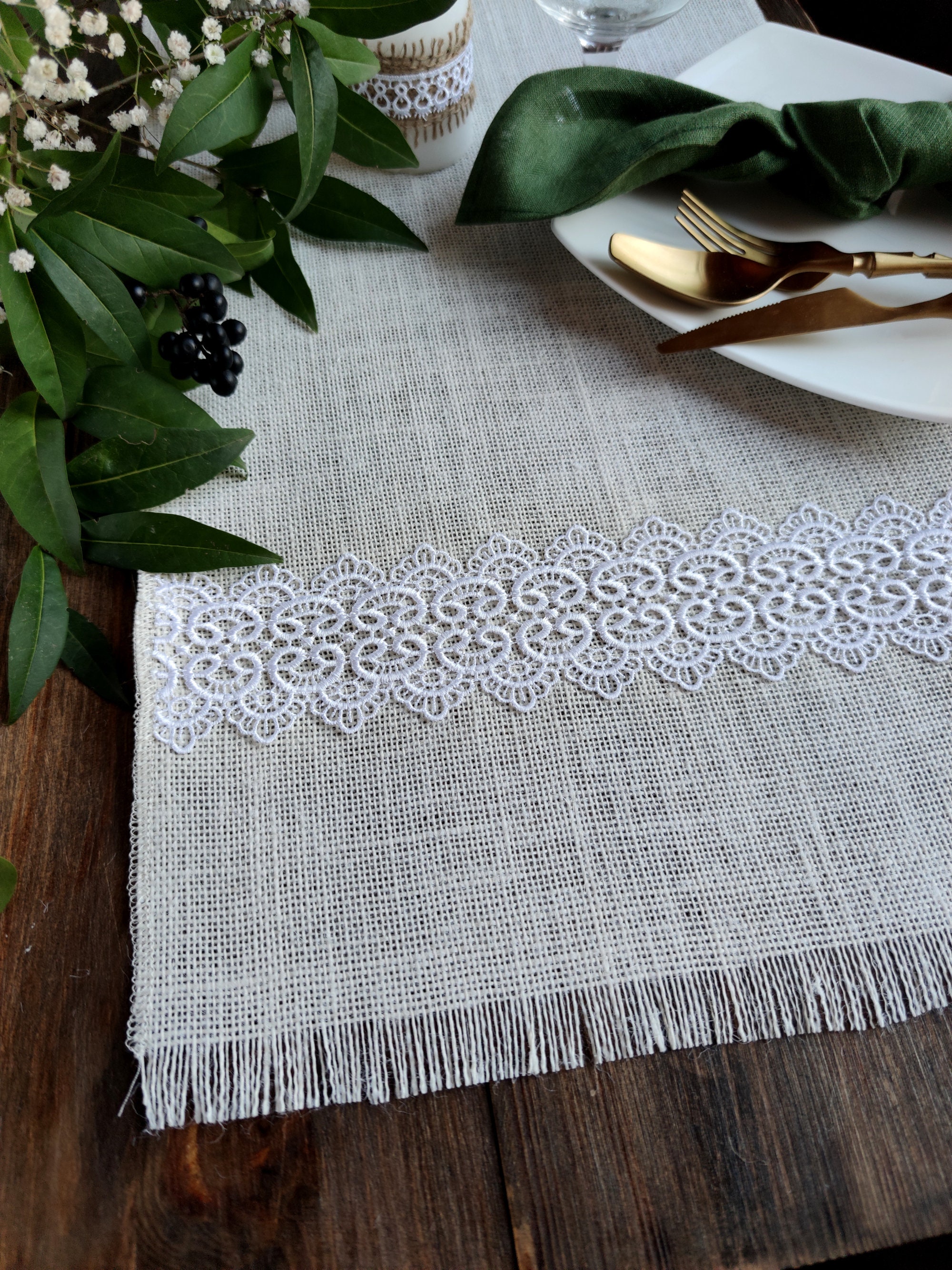 Ivory Burlap Table Runner With White Lace, Wedding Table Runner Fringed ...