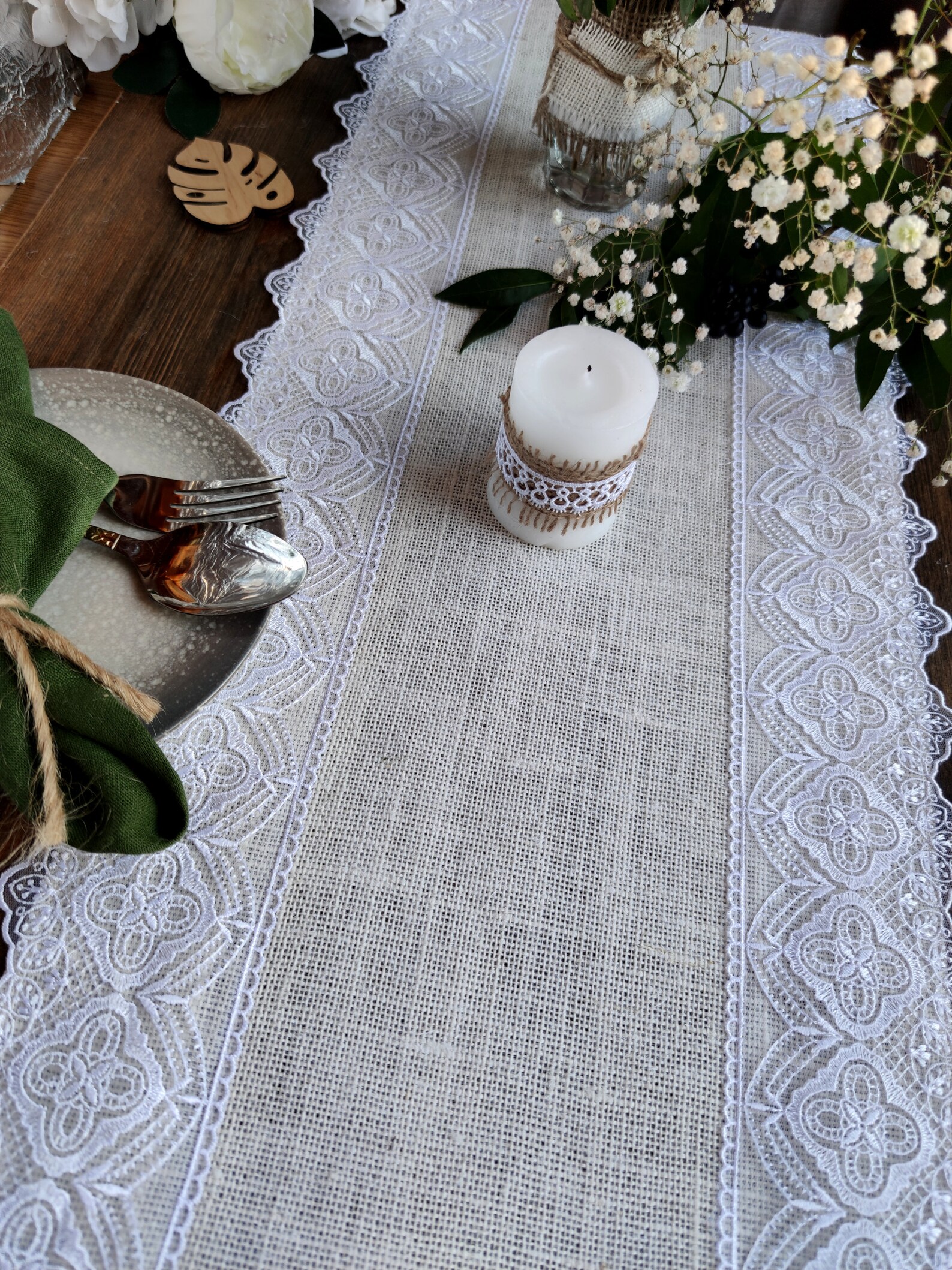 Wedding Table Runner, Ivory Burlap Table Runner With White Lace, Jute ...