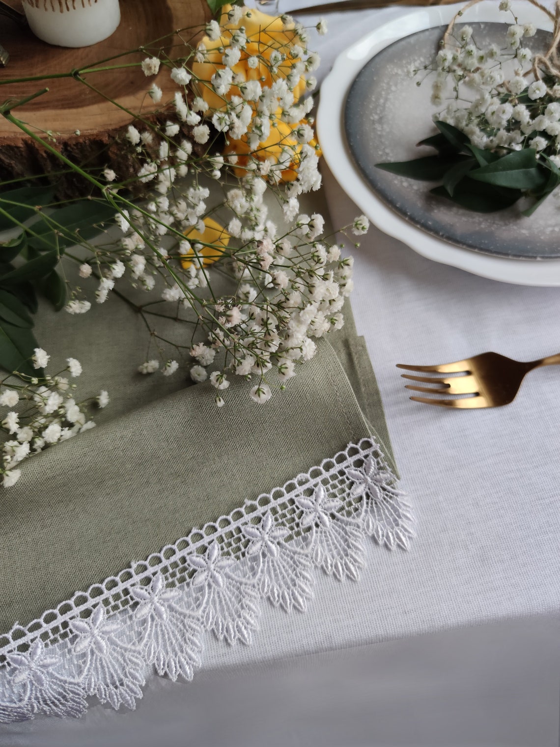 Sage Green Table Runner With White Lace Linen Viscose Runner - Etsy