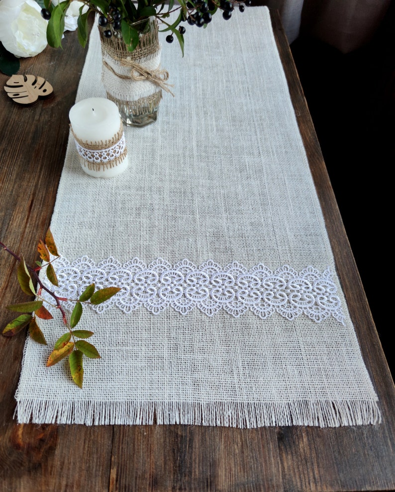 Wedding Table Runner Fringed, Ivory Burlap Table Runner With White Lace ...