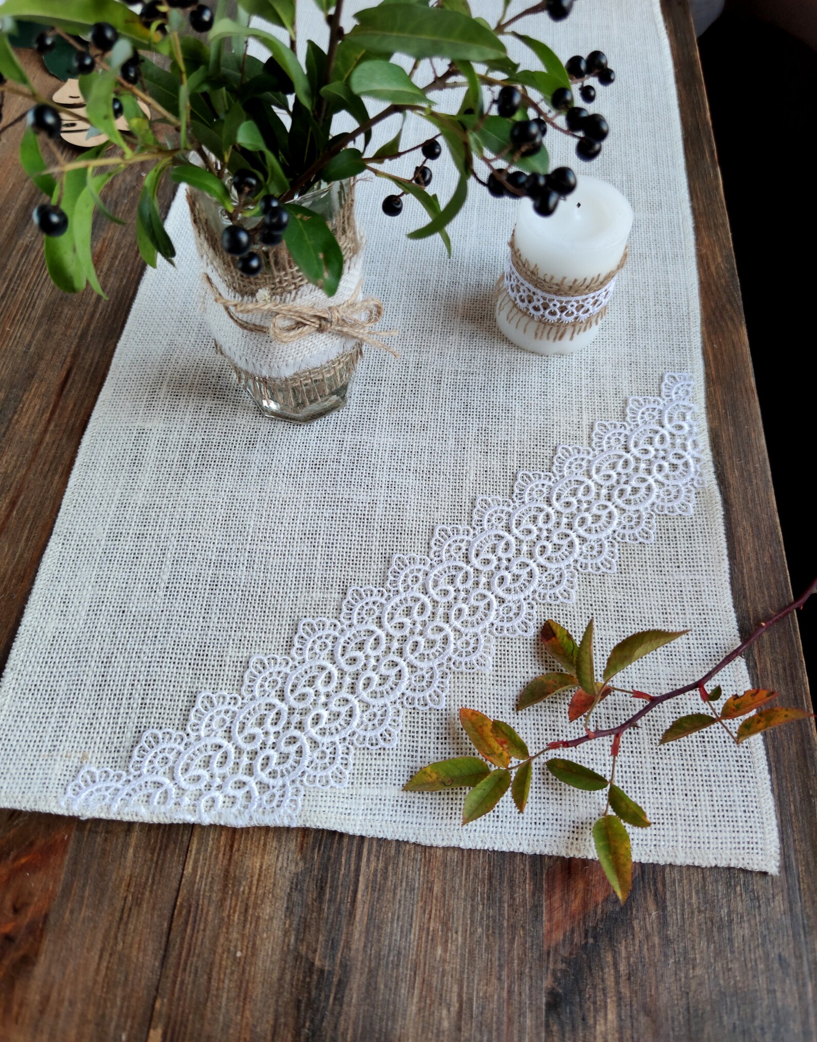 Wedding Table Runner, Ivory Burlap Table Runner With White Lace ...