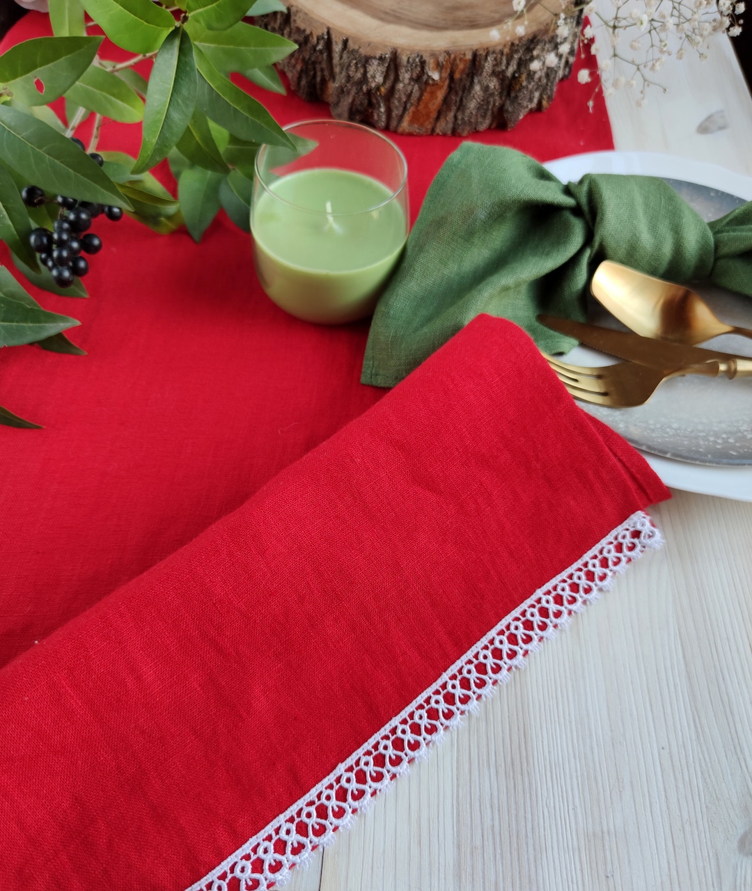 Decor Table Cloth, Red Table Runner With Lace, Linen Table Decor ...