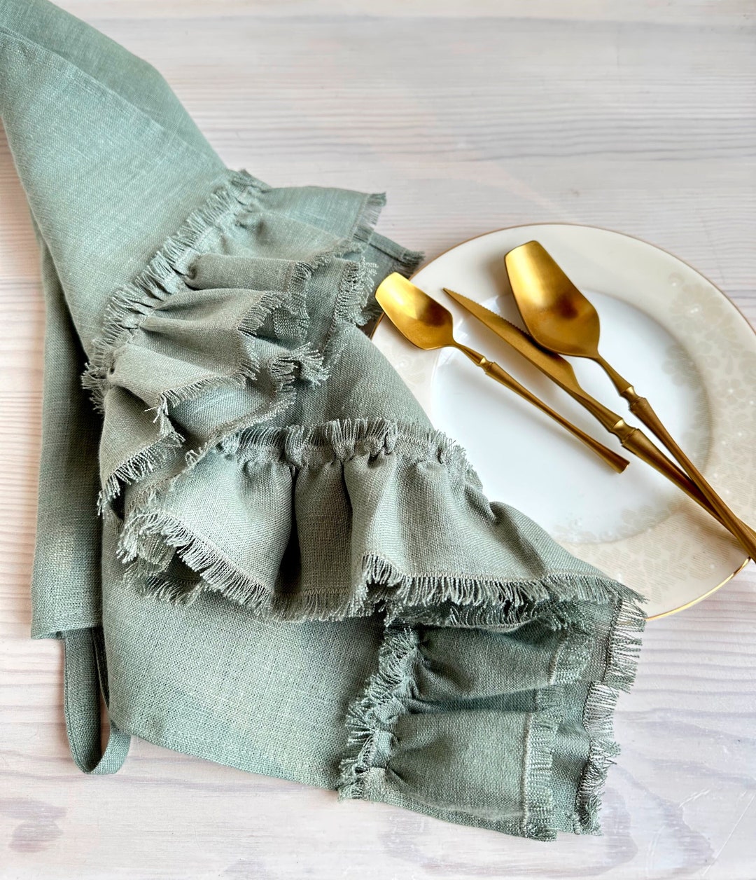 Sage Green Linen Tea Towel Ruffled, Linen Kitchen Towels Bulk, Washed ...