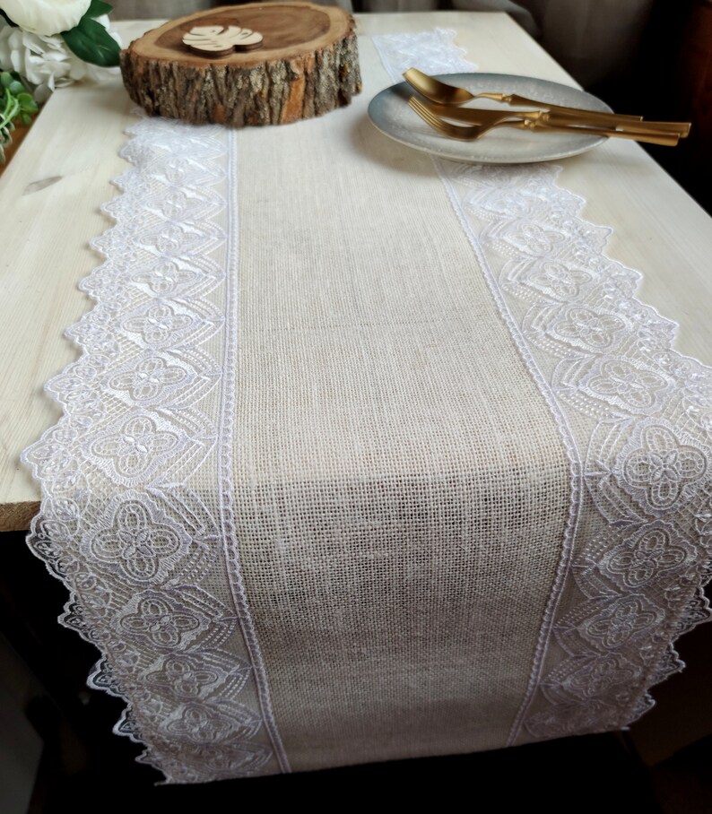 Wedding Table Runner, Ivory Burlap Table Runner With White Lace, Jute ...