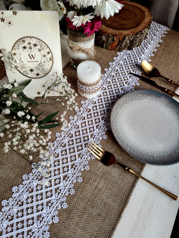 Table Runner Burlap With White Lace Wedding Table Runner | Etsy