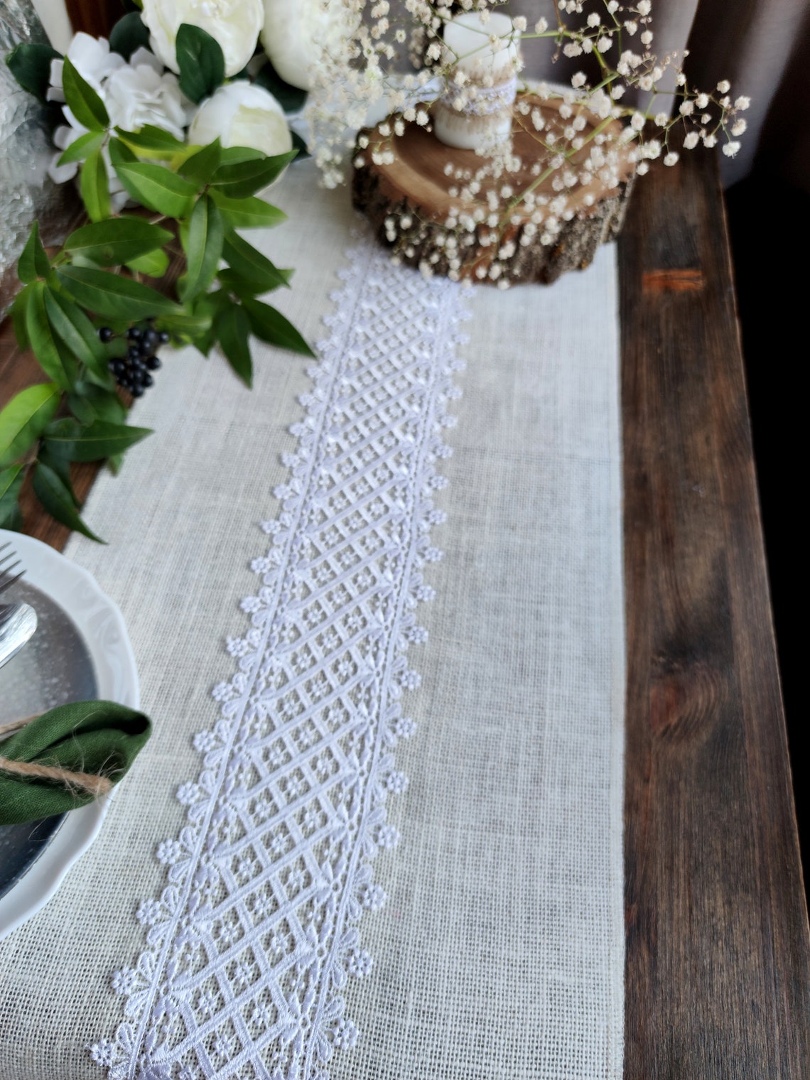Ivory Burlap Table Runner With White Lace, Burlap Runner for Tabletop ...