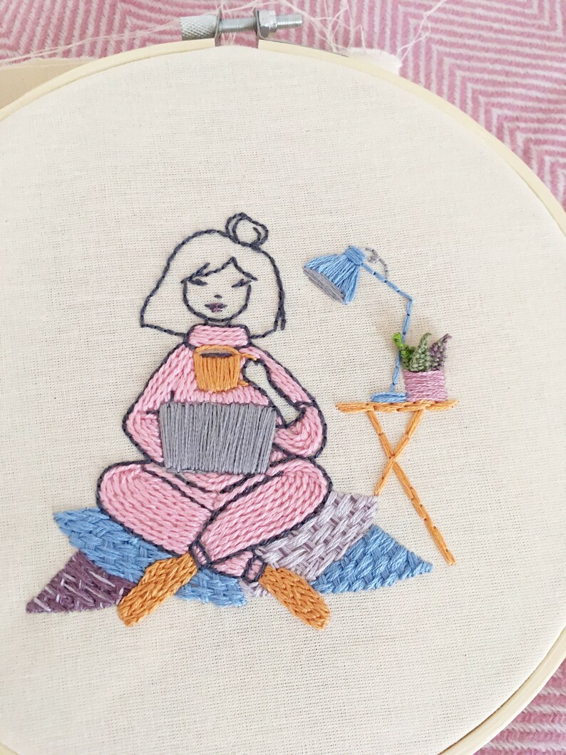 PDF Pattern - Comfy Home Office Girl - Modern Hand Embroidery - Etsy