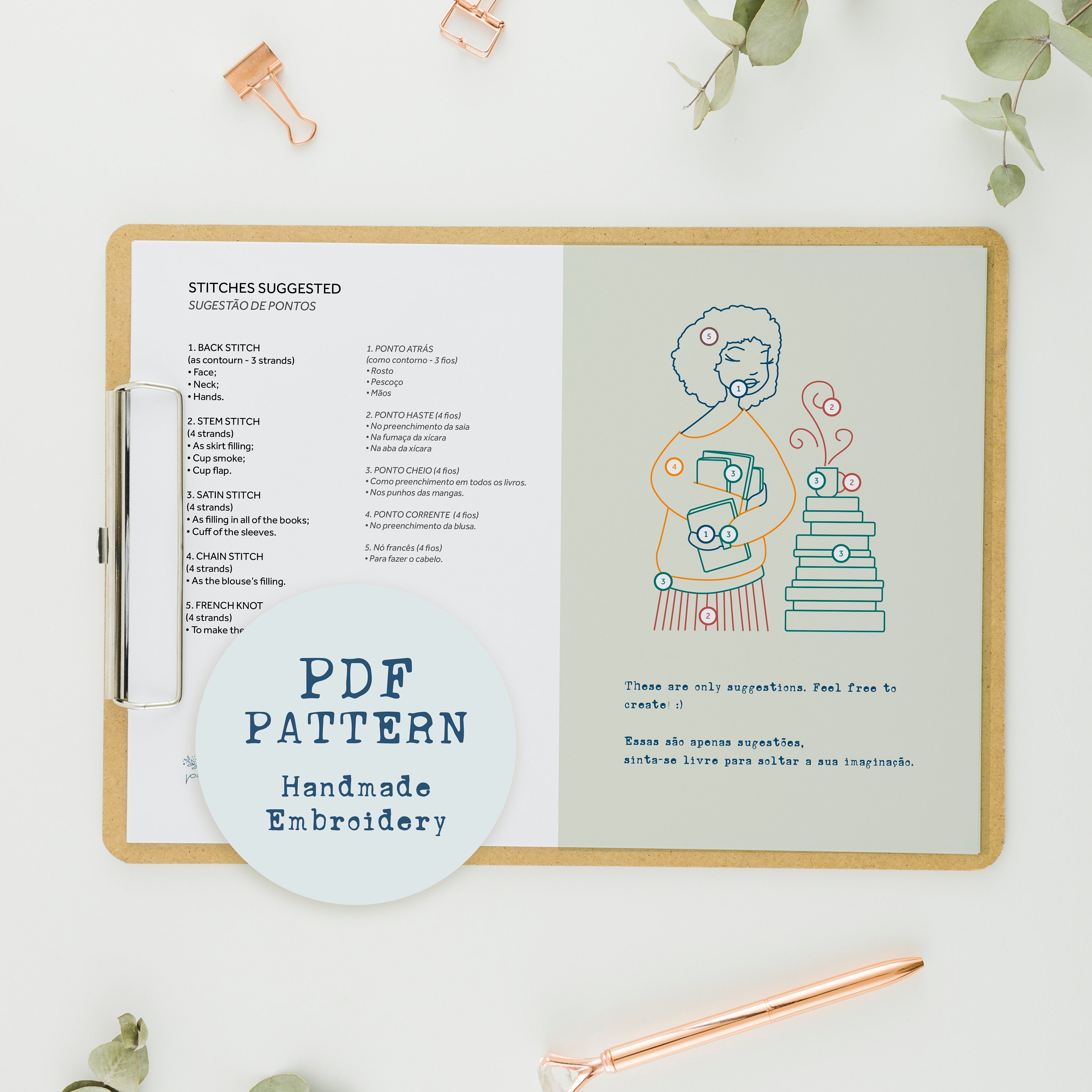 PDF Pattern Curly Hair Books Lover Modern Hand Embroidery - Etsy