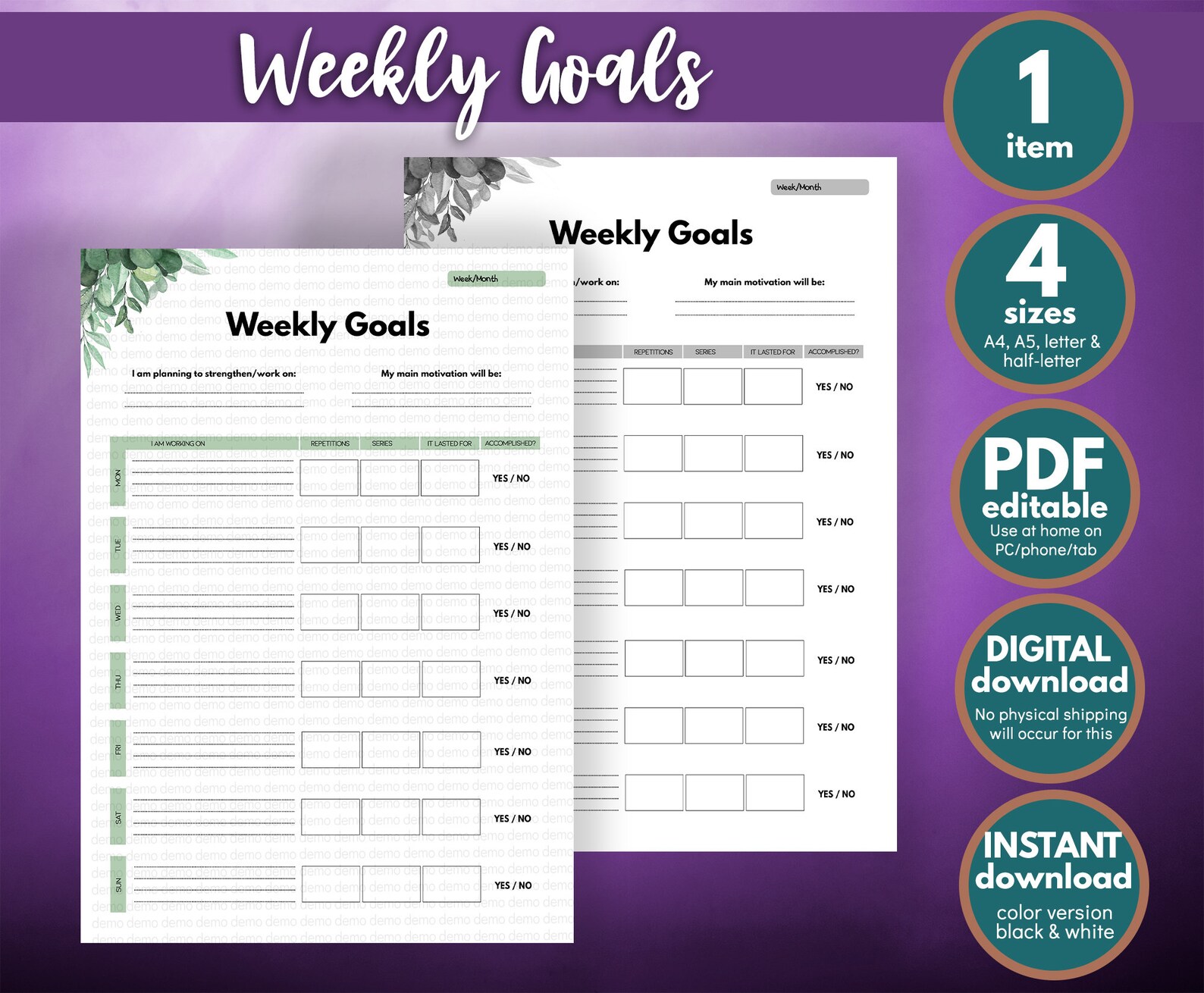 Printable Fitness Weekly Goals Planner & Editable PDF Fitness | Etsy