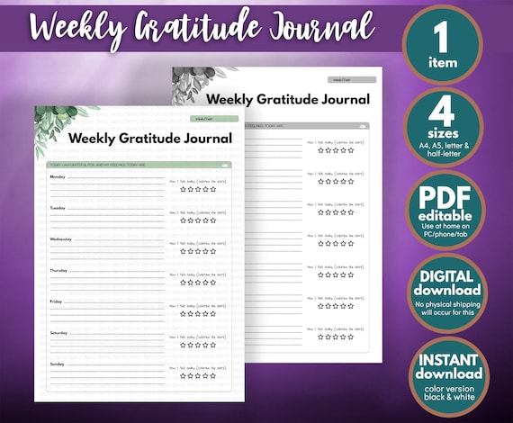 Printable Weekly Gratitude Journal & Editable PDF Gratitude | Etsy