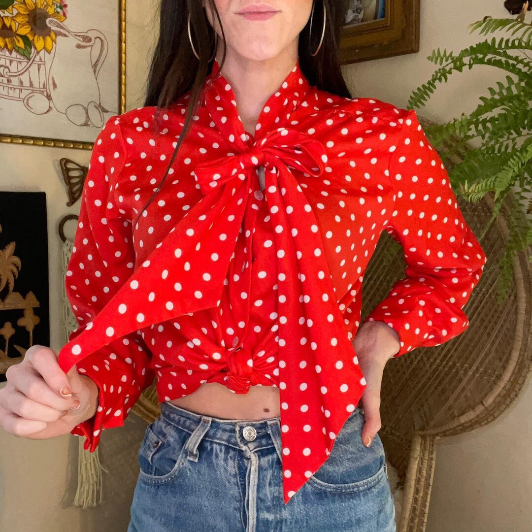 Vintage 70s Red Polka Dot Blouse With Neck Tie Etsy