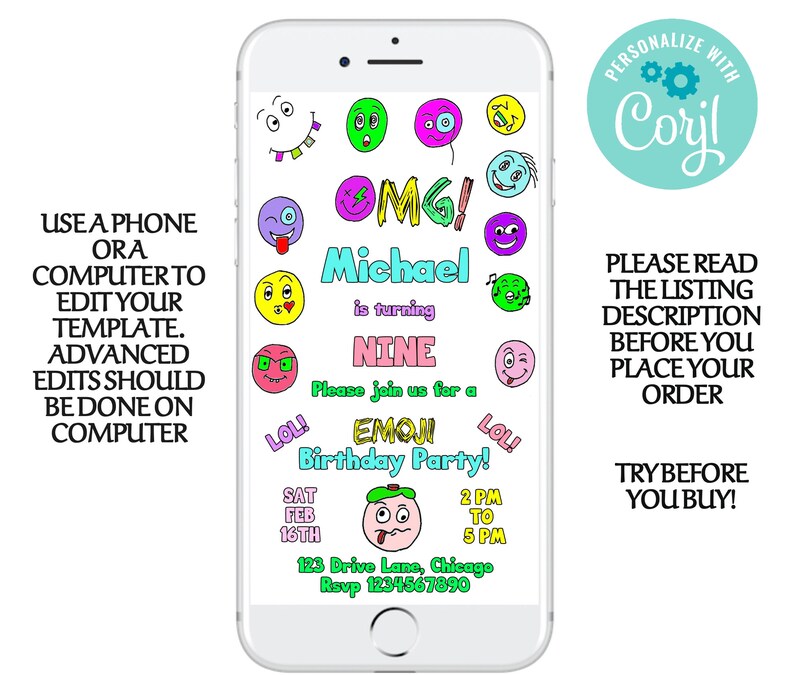 Emoji Birthday Invitation Editable Emoji Invite for Mobile - Etsy