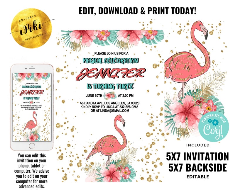 Flamingo Birthday Invitation for Girl Tropical Party - Etsy