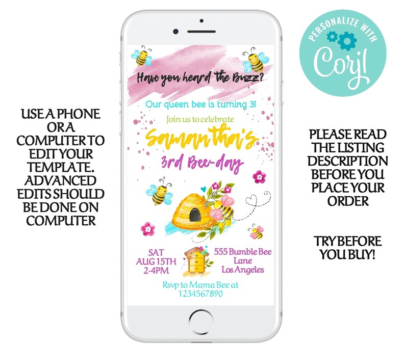 Electronic Bee Birthday Invitation, Bumble Bee Birthday Party Invite ...