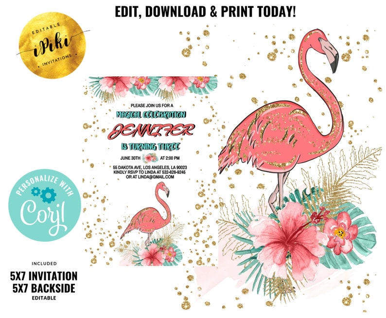 Flamingo Birthday Invitation for Girl Tropical Party - Etsy