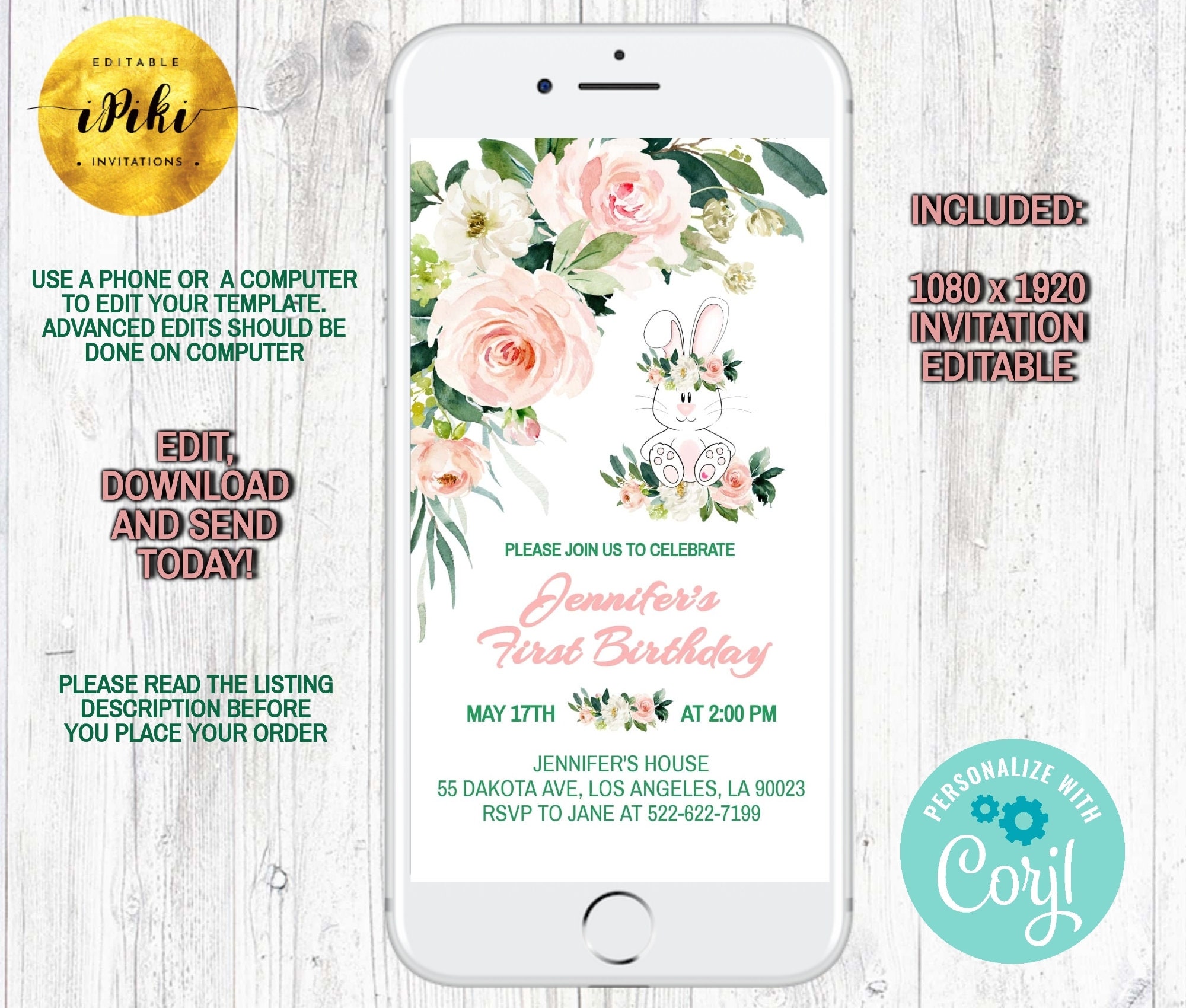 Paper & Party Supplies Editable Electronic Bunny Birthday Invitation ...