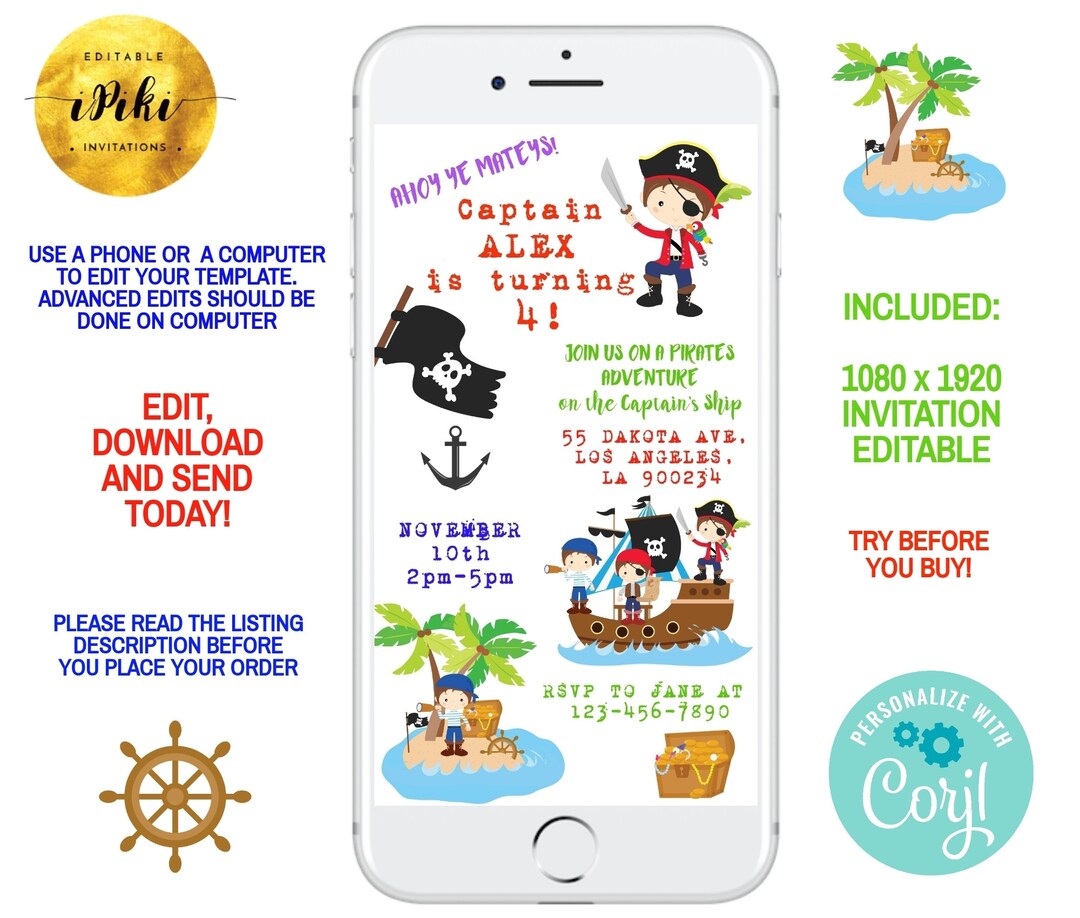 Pirate Birthday Invitation Captain Birthday Party Iphone - Etsy