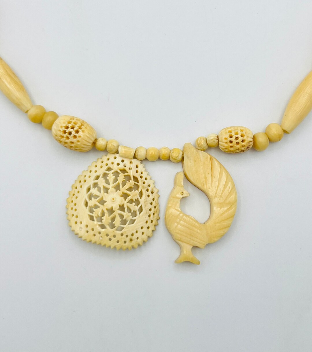 Vintage Hand Carved Bovine Bone Necklace - Etsy