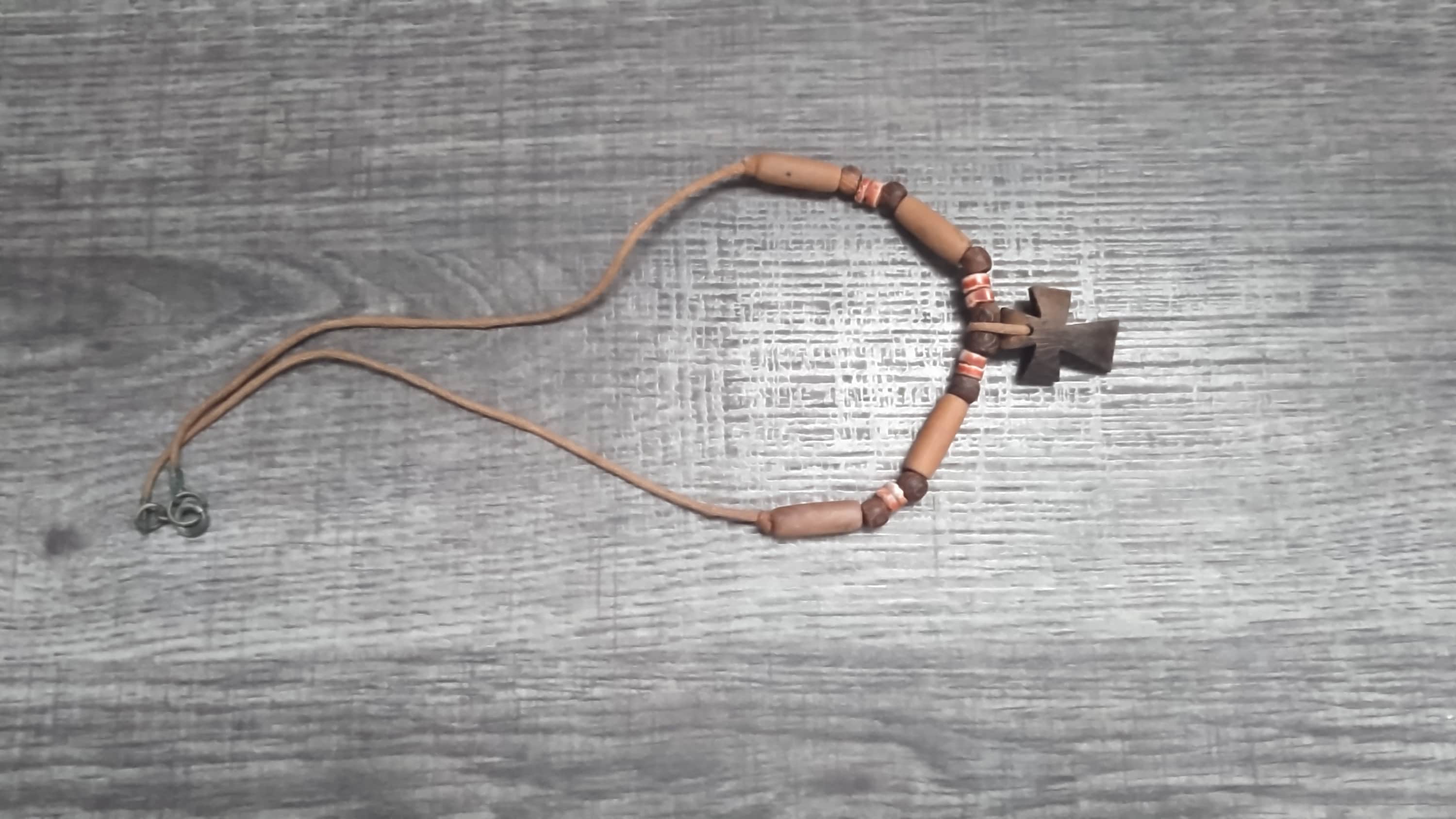 Vintage 70s Wood Bead and Wood Cross, With Leather String and Steel ...