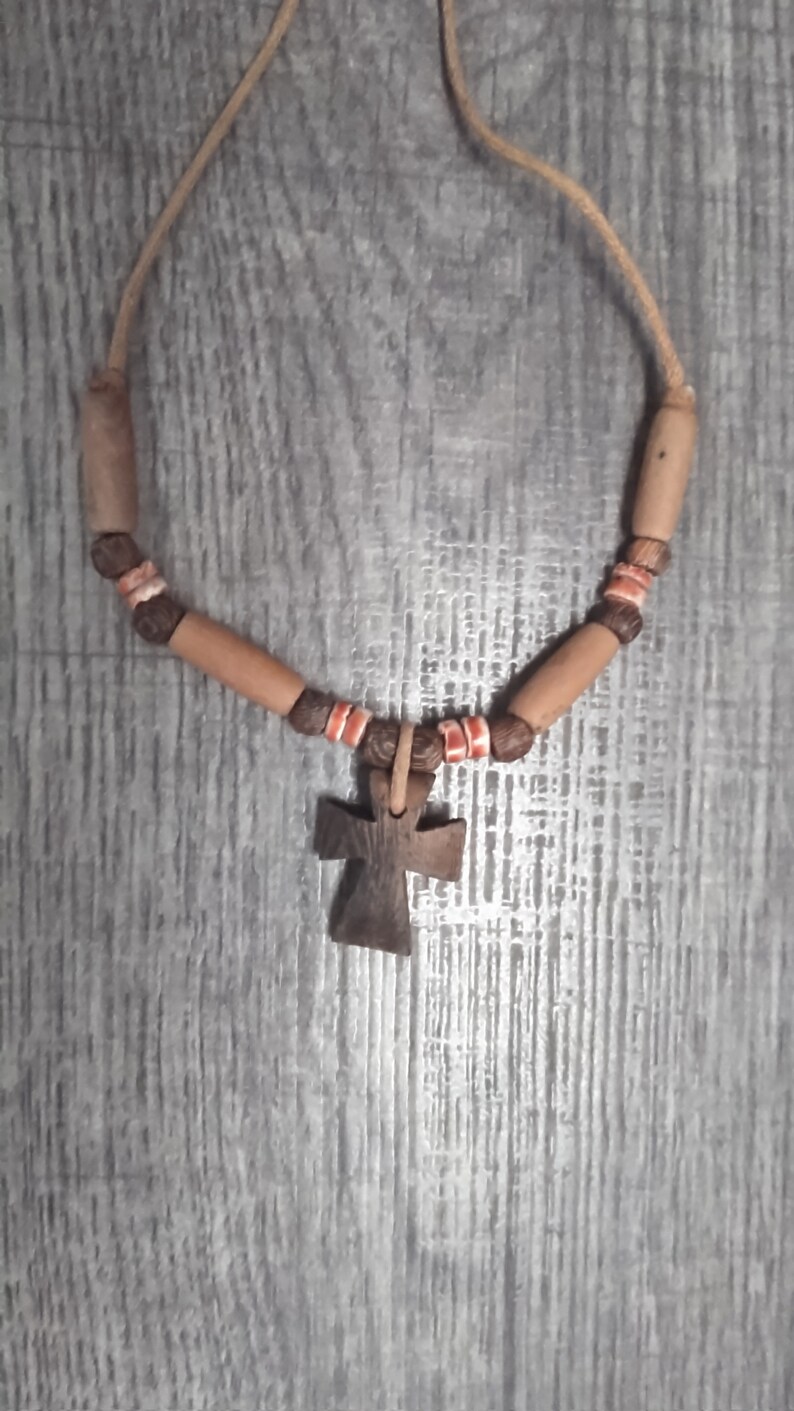 Vintage 70s Wood Bead and Wood Cross, With Leather String and Steel ...