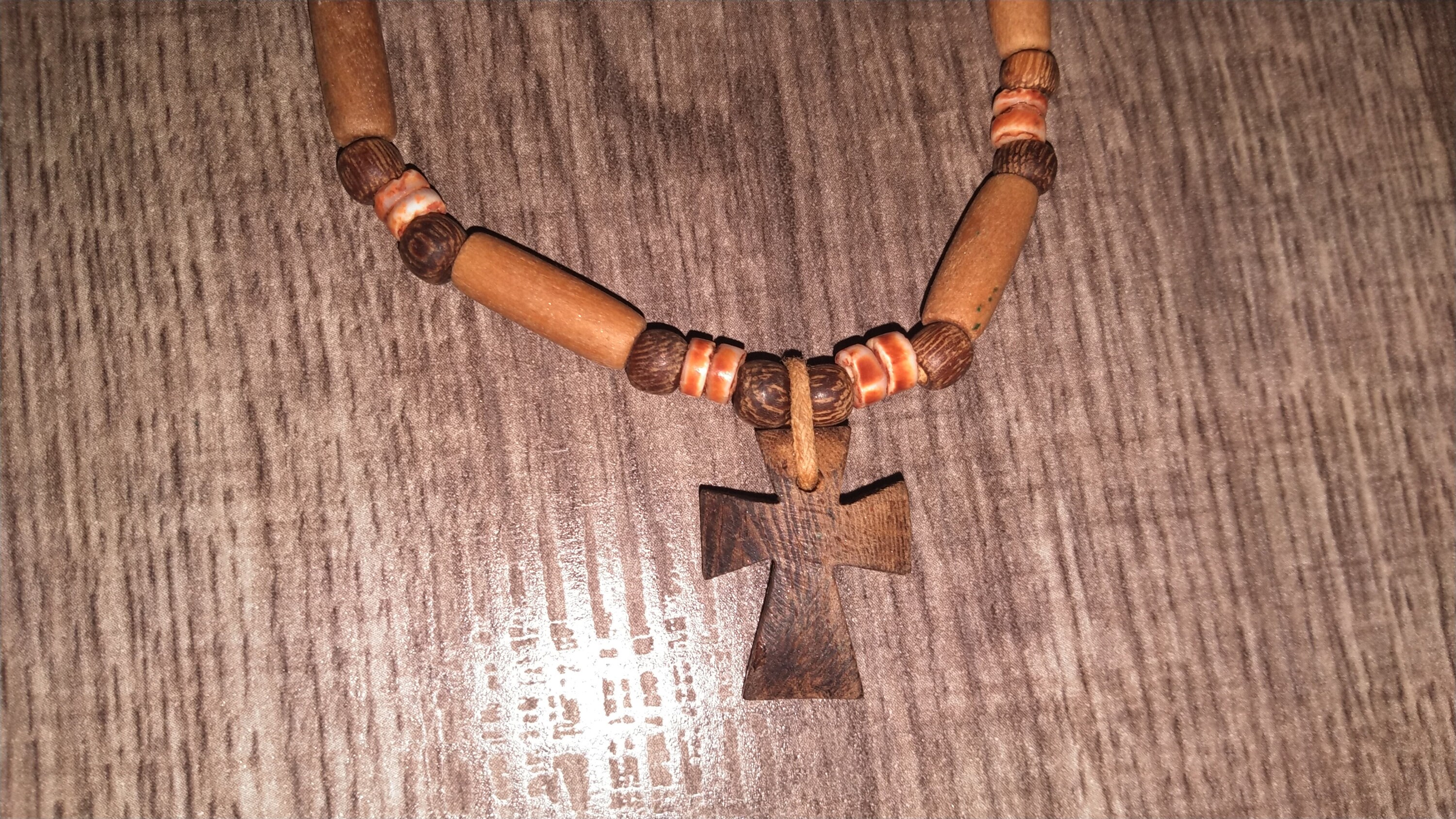 Vintage 70s Wood Bead and Wood Cross, With Leather String and Steel ...