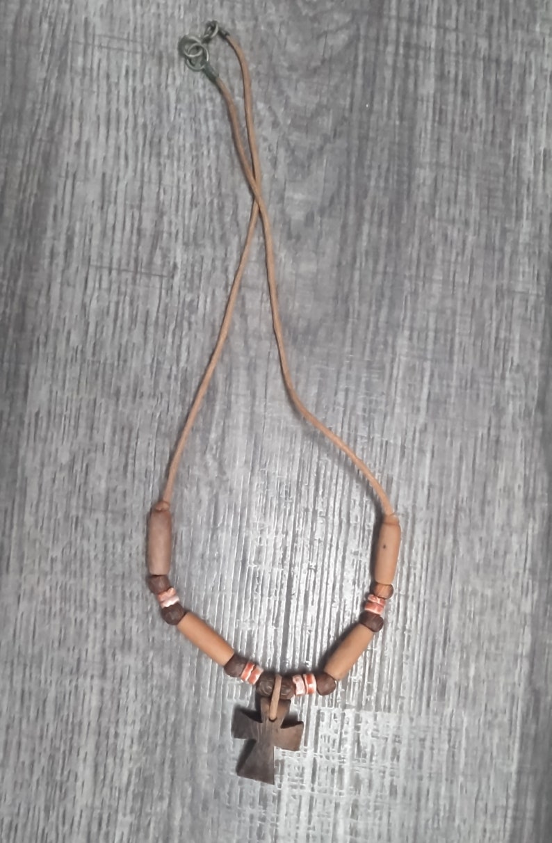 Vintage 70s Wood Bead and Wood Cross, With Leather String and Steel ...