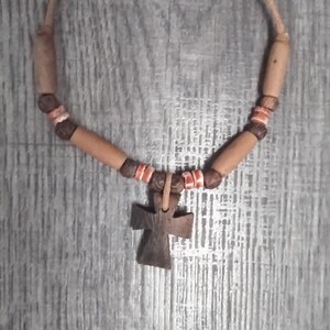 Vintage 70s Wood Bead and Wood Cross, With Leather String and Steel ...