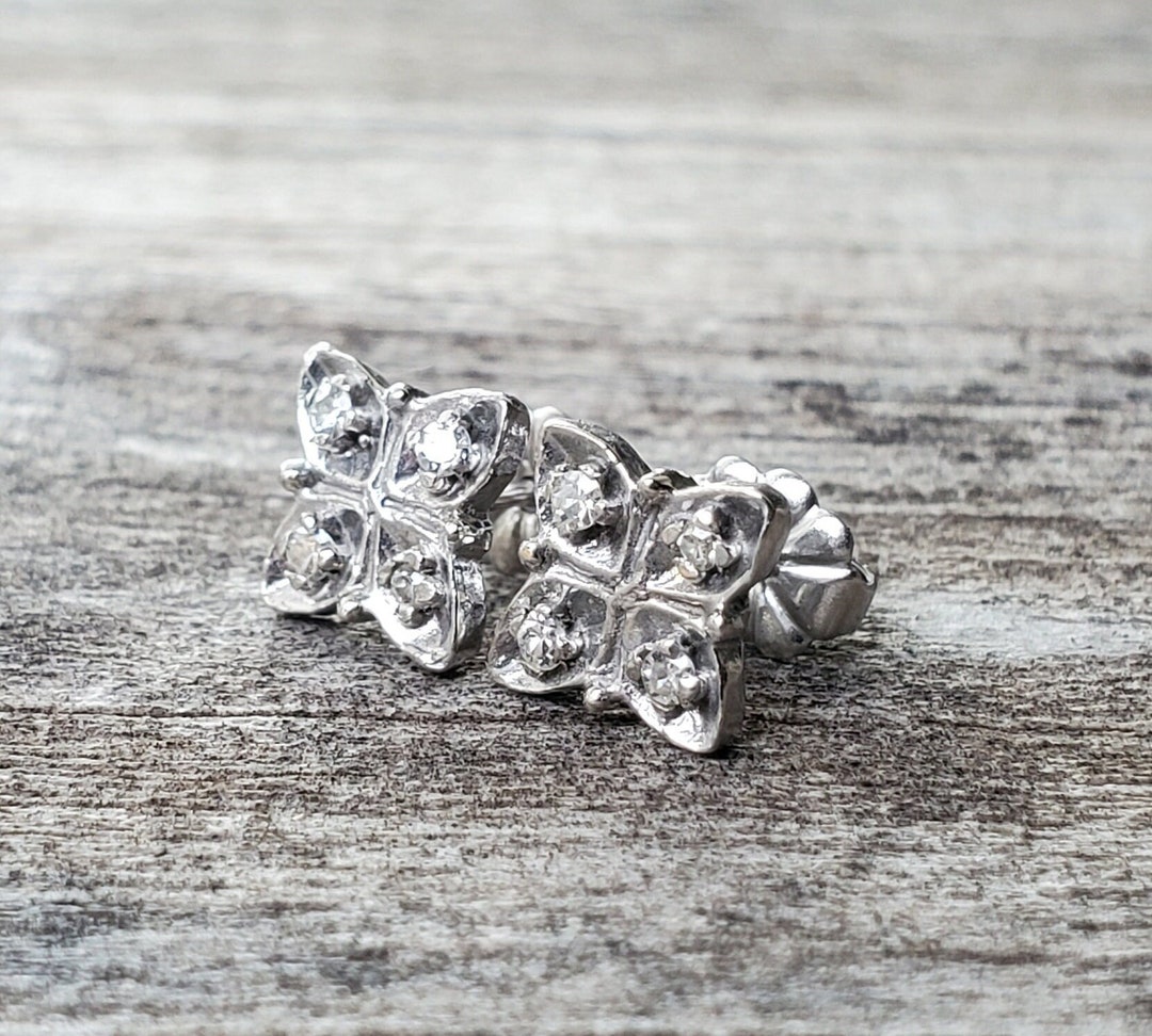 14K White Gold Diamond Four Petal Flower Stud Earrings - Etsy