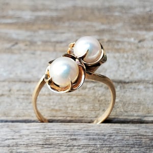Vintage 14K Gold Double Pearl Ring - Etsy