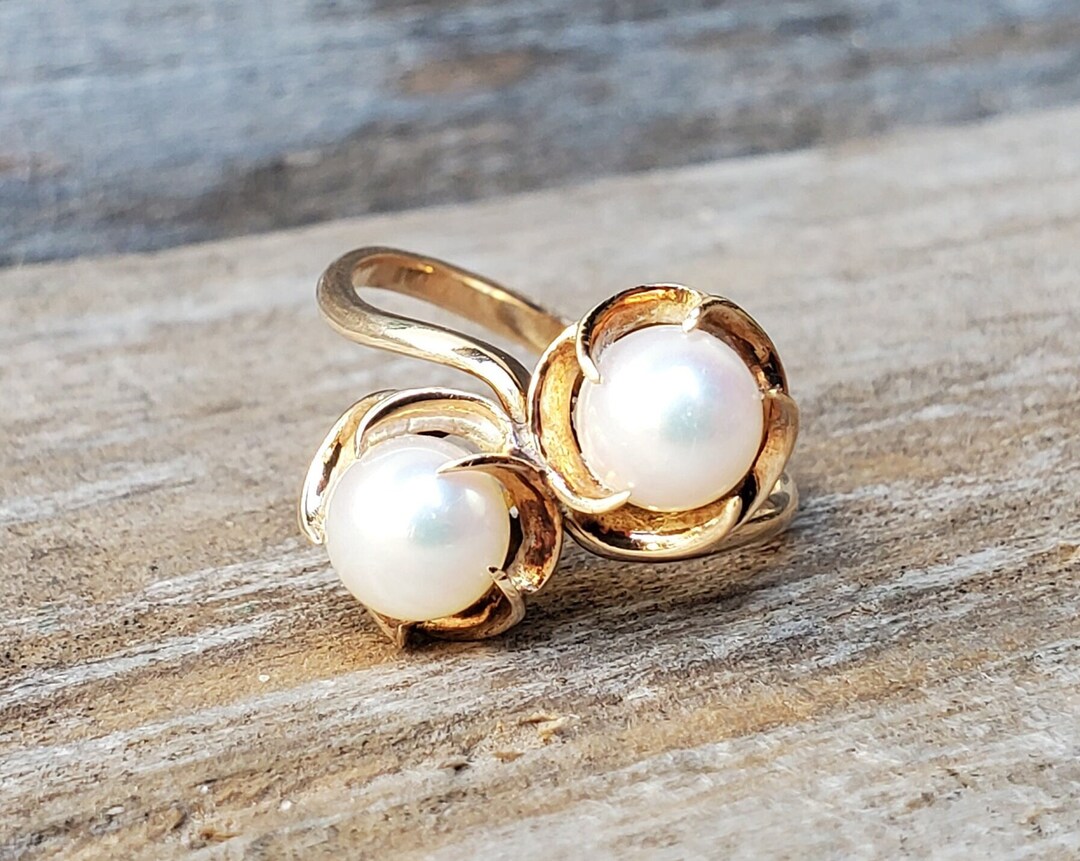 Vintage 14K Gold Double Pearl Ring - Etsy
