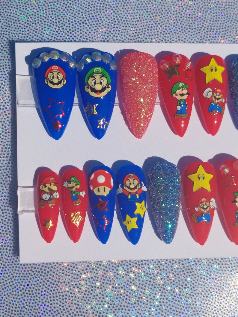 Mario Bros Gamer Nail Set 24 Piece FULL SET Handmade, Reusable, Hand ...