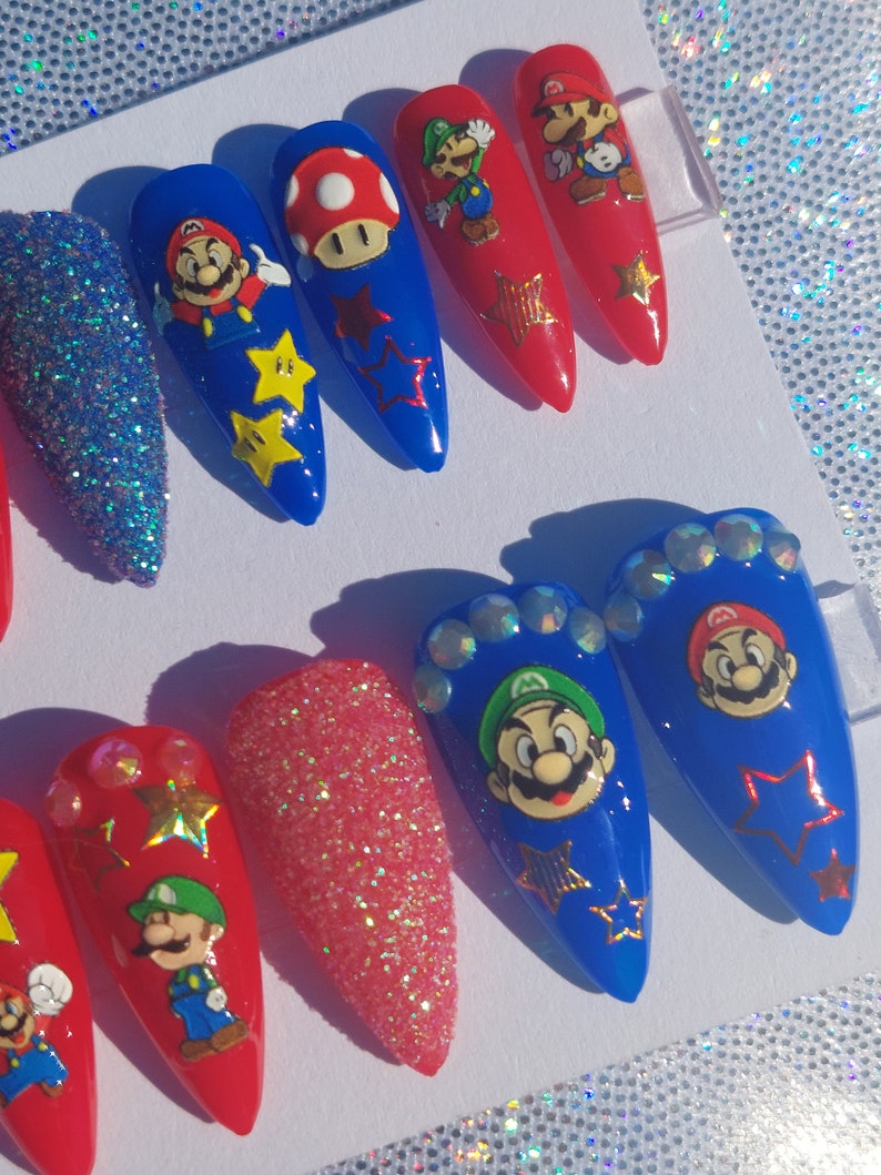 Mario Bros Gamer Nail Set 24 Piece FULL SET Handmade, Reusable, Hand ...