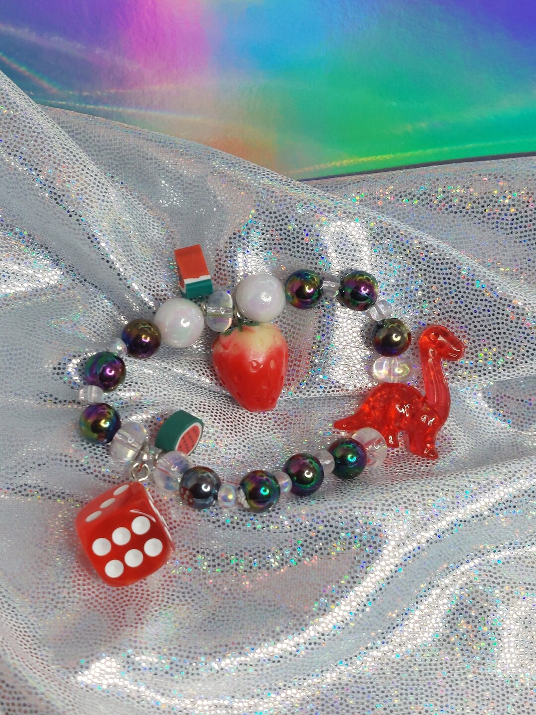 Red Black Kitsch Dinosaur Strawberry Kidcore 5 Inch Stretchy Bracelet ...