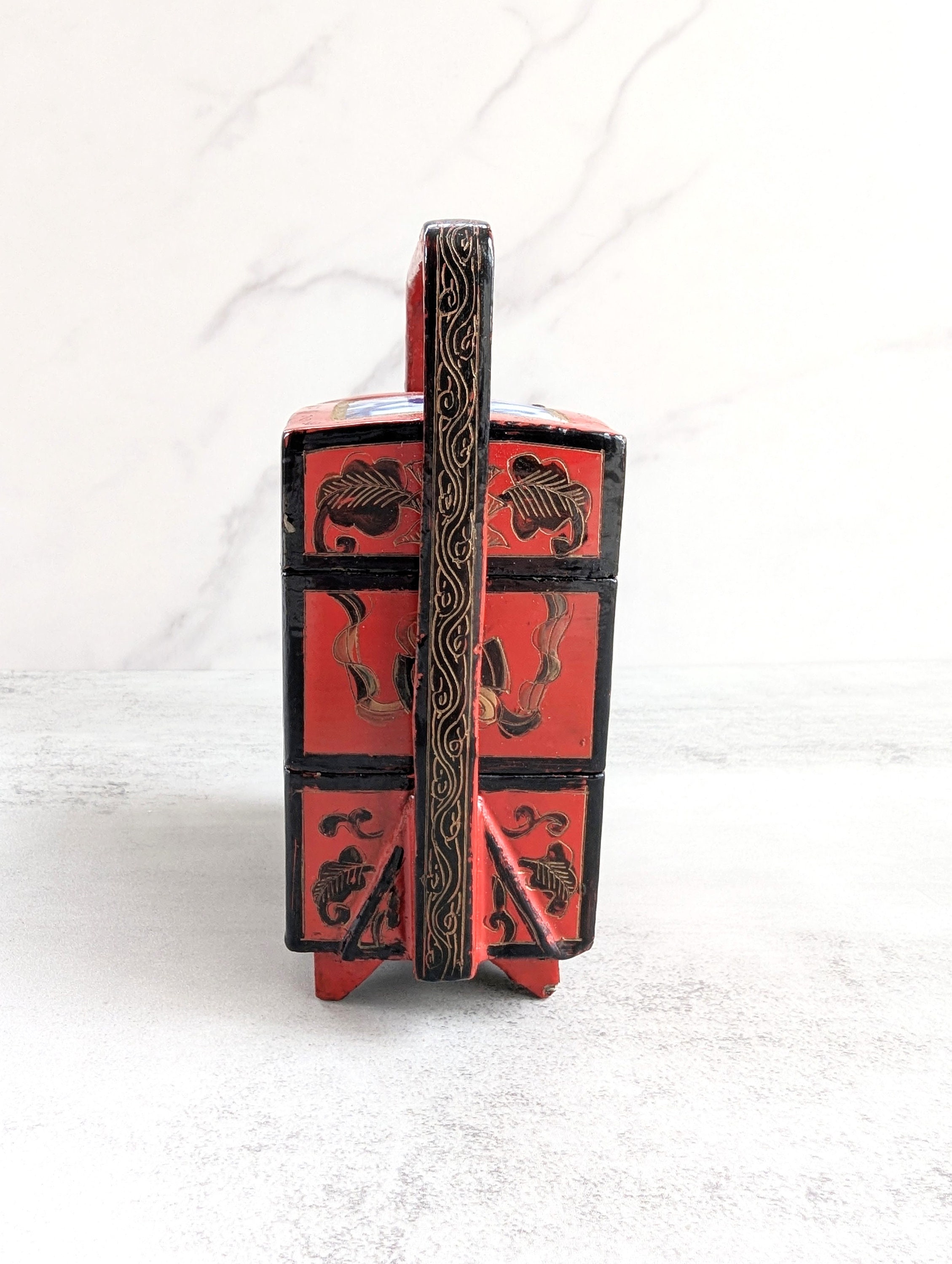 Antique Chinese Red Lacquer Stacking Box, Porcelain Shard Top, Tiered ...