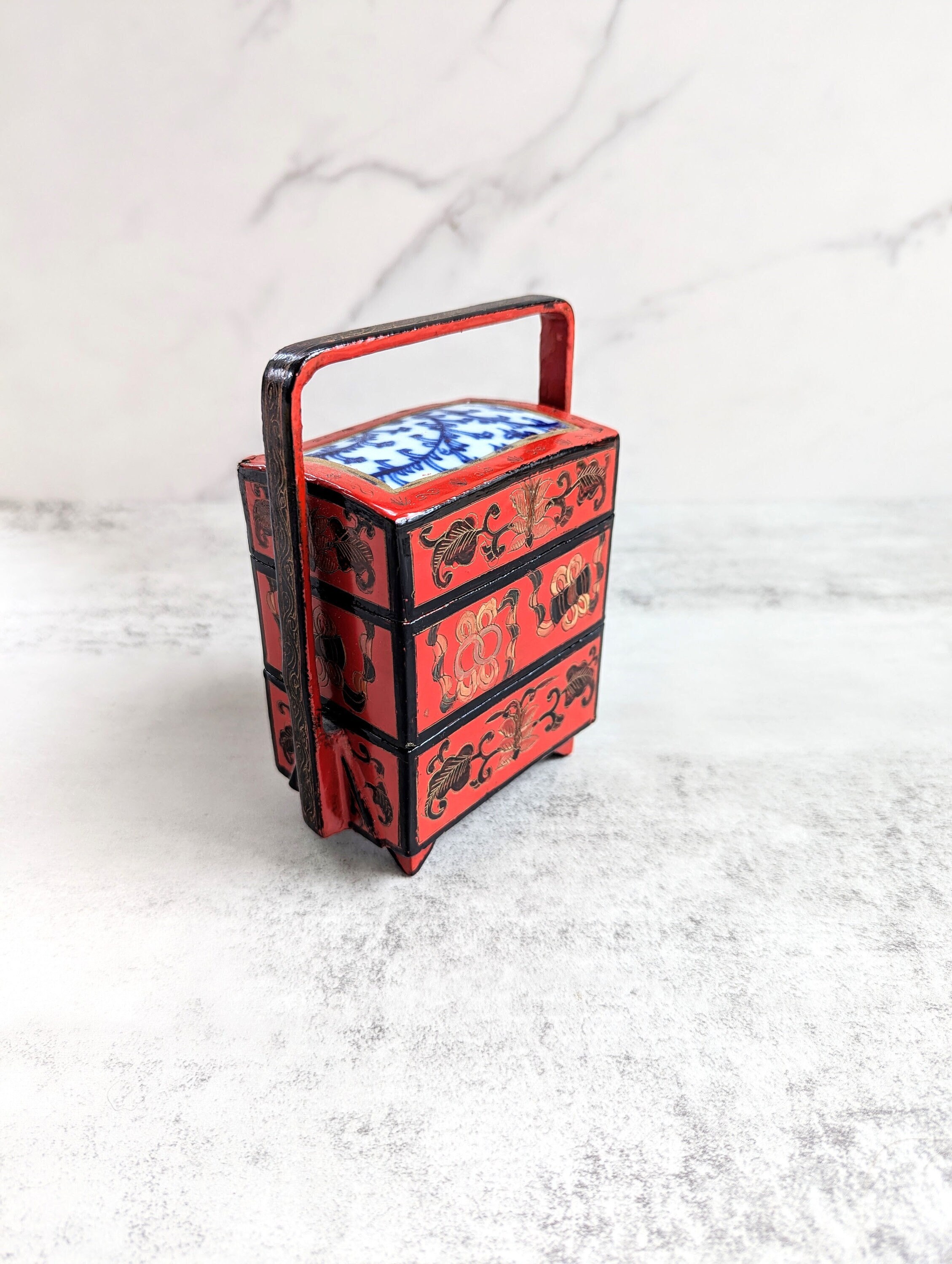 Antique Chinese Red Lacquer Stacking Box, Porcelain Shard Top, Tiered ...