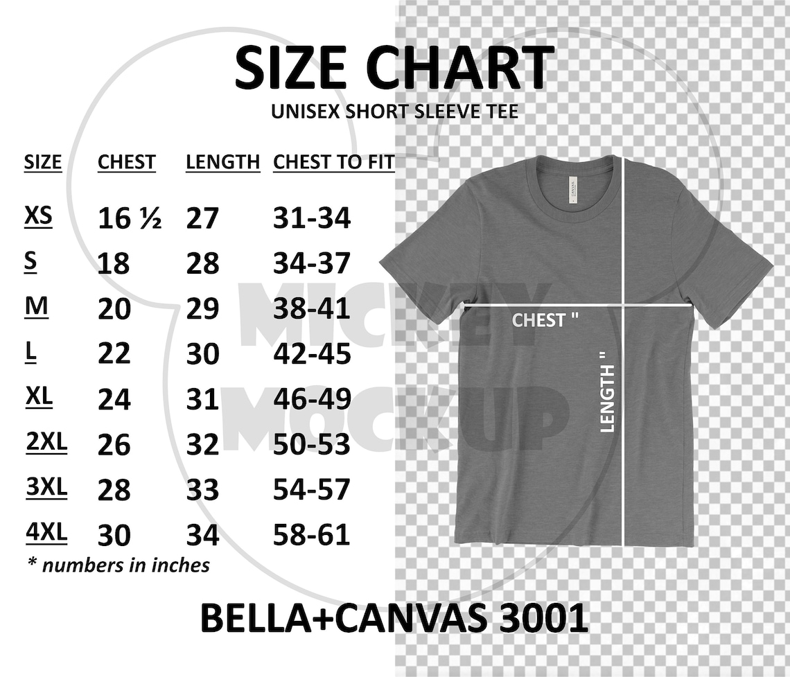 Size Chart Bella Canvas 3001 Unisex Jersey And Heather Cvc Etsy