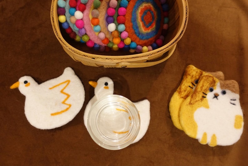 Hand Felted Coasters, Cup Mat, Cat Coaster, Duck Coaster, Frog Coaster ...