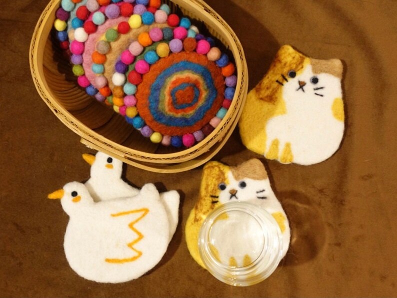 Hand Felted Coasters, Cup Mat, Cat Coaster, Duck Coaster, Frog Coaster ...