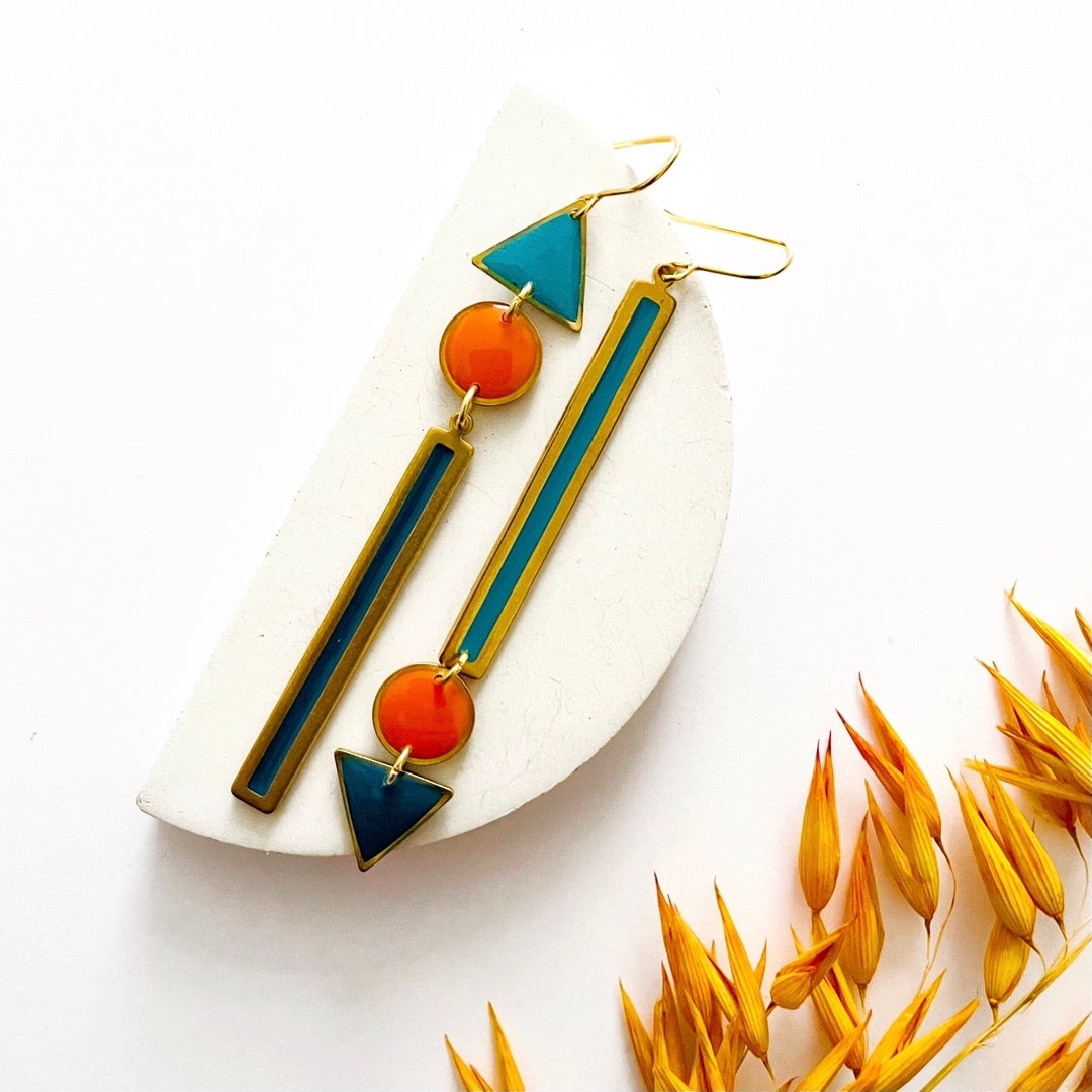 Colour Block Brass Drop Earrings: Handmade Long Resin Earrings - Etsy