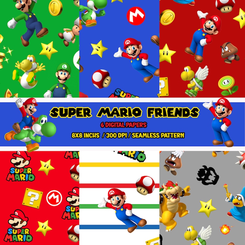 Mario Bros Digital Papers - 6 Designs 8x8in, 20x20 Cm - Ready to Print ...