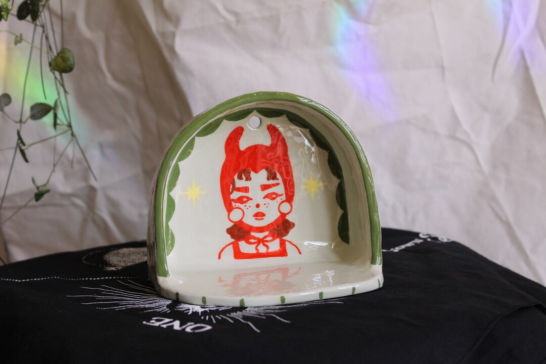 Diablita Mini Shrine, Handmade Clay Shrine, Hand Painted Mini Shrine ...