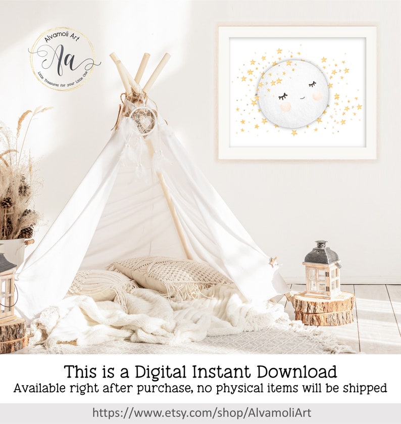 Moon and Stars Nursery Art, Moon Wall Art, Stars Nursery Decor, Sky ...